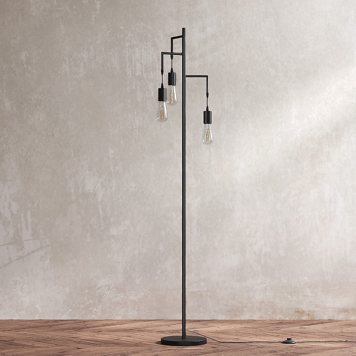 SUNMORY Farmhouse Industrial Floor Lamp for Living Room,Standing Tree Floor Lamp with 3 Edison Led Bulbs ,Rustic Floor Lamps for Living Room，Bedroom，Black Floor Lamp,Tall Lamps for Living Room，Office