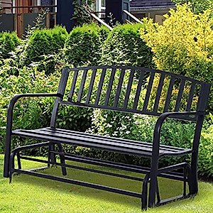 Outdoor Glider Garden Bench, 50" Patio Double Outdoor Swing Rocking Glider w/Durable Metal Cast Iron Porch Glider Seat & Armrests Steel Frame, Garden Glider for Porch, Garden, Sunroom, Backyard, Deck