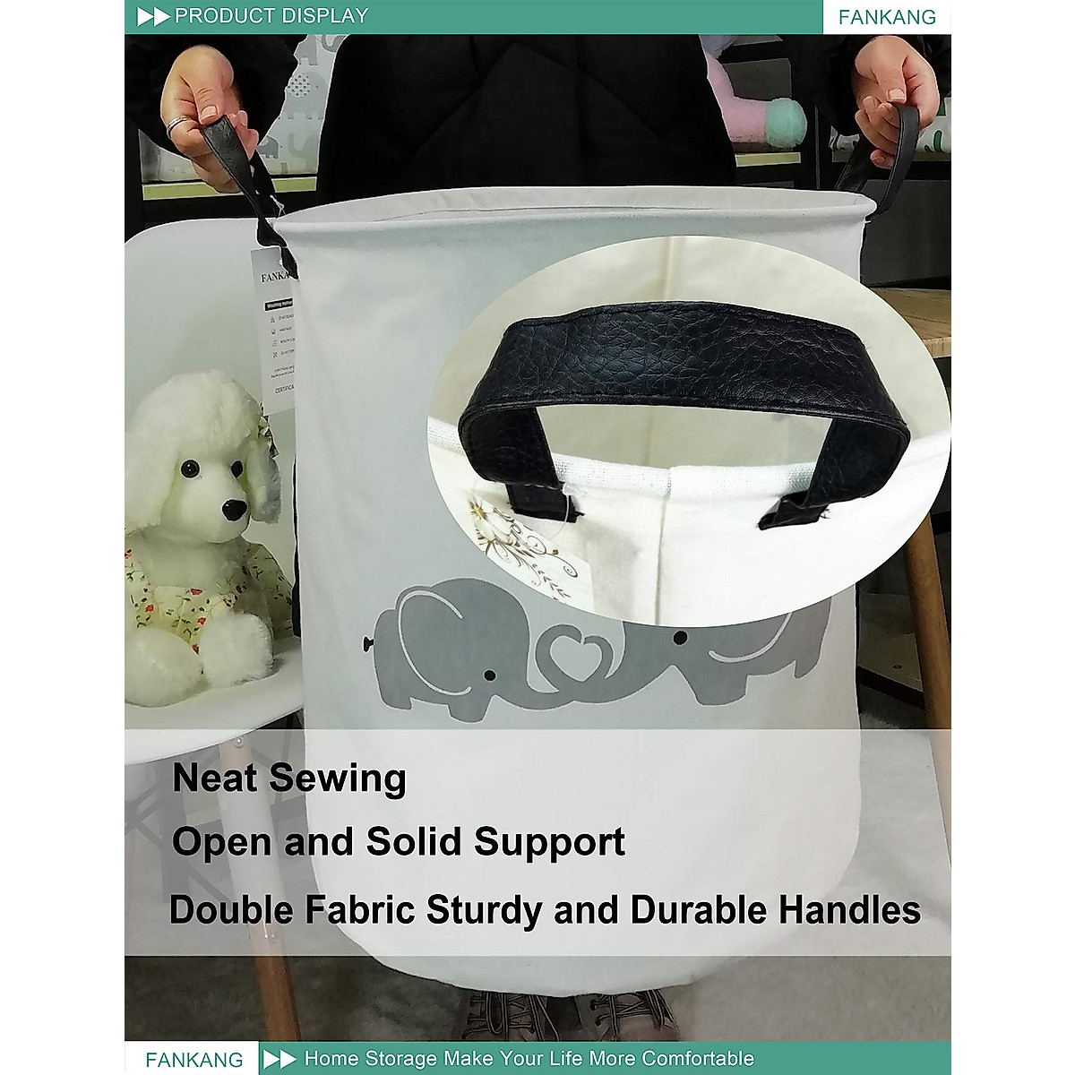 FANKANG Storage Basket, Nursery Hamper Canvas Laundry Basket Foldable with Waterproof PE Coating Large Storage Baskets for Kids Boys and Girls, Office, Bedroom, Clothes,Toys（Love Elephant）