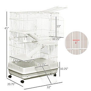 PawHut 4-Level Small Animal Cage Rabbit Hutch with Wheels, Removable Tray, Platform and Ramp for Bunny, Chinchillas, Ferret, White