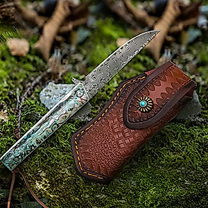 STANBIK Damascus Pocket Knife with Sheath,Abalone Shell Handle With 3.54" Damascu Blade,EDC Folding Knives for Camping Fishing Hiking Outdoor Work.