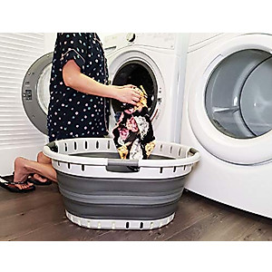 SAMMART 57L (15 Gallons) Collapsible 3-Handled Plastic Laundry Basket - Oval Tub - Portable Washing Tub-Space Saving Laundry Hamper (1 pc - Oval, Dark Grey)