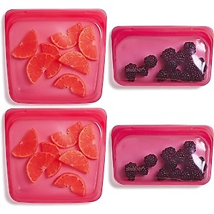 Stasher Silicone Reusable Storage Bag, 4-Pack Lunch/Travel (Raspberry) | Food Meal Prep Storage Container | Lunch, Travel, Makeup, Gym Bag | Freezer, Oven, Microwave, Dishwasher Safe, Leakproof
