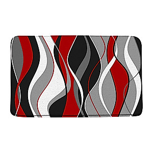 Red Black Gray White 3 Piece Bath Mat Sets,Modern Geometric Striped Line Abstract Geo Wave Simple Contemporary Bathroom Kitchen Memory Foam Rug,17.8"x29.5"Bath Mat,Toilet Seat Cover,U-Shaped Toilet