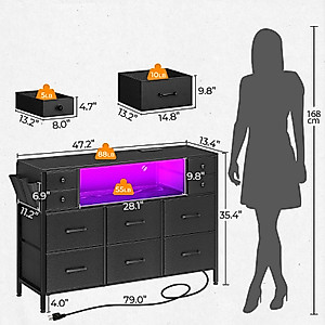 Rolanstar Dresser with Power Outlets and LED Lights, 10 Drawers Dresser with Side Pocket, Fabric Chest of Drawers with PU Finish, TV Stand with Wood Top for up to 55inch TV, Black,XL