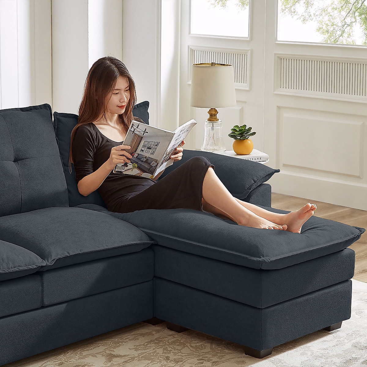 Pingliang Home 82" Convertible Sectional Sofa, L Shaped Couch with Reversible Ottoman, Double Layer Cloud Couch, Modern 3-Seater Sofa for Living Room, Apartment and Small Space