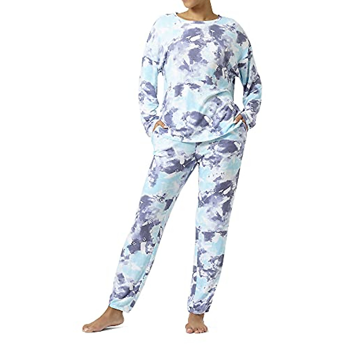 HUE Women's Long Sleeve Tee and Jogger Pant 2 Piece Pajama Set, Button Blue-Cloud Tiedye Cocktails, Large