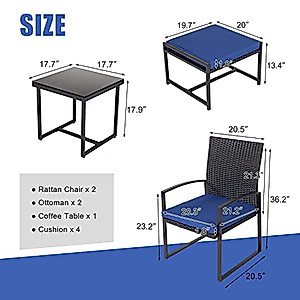 kinbor 5 Pieces Outdoor Patio Furniture Set, Wicker Pool Deck Chairs with Ottomans and Coffee Table, PE Rattan Conversation Set for Balcony Porch Backyard Garden Poolside, Dark Blue