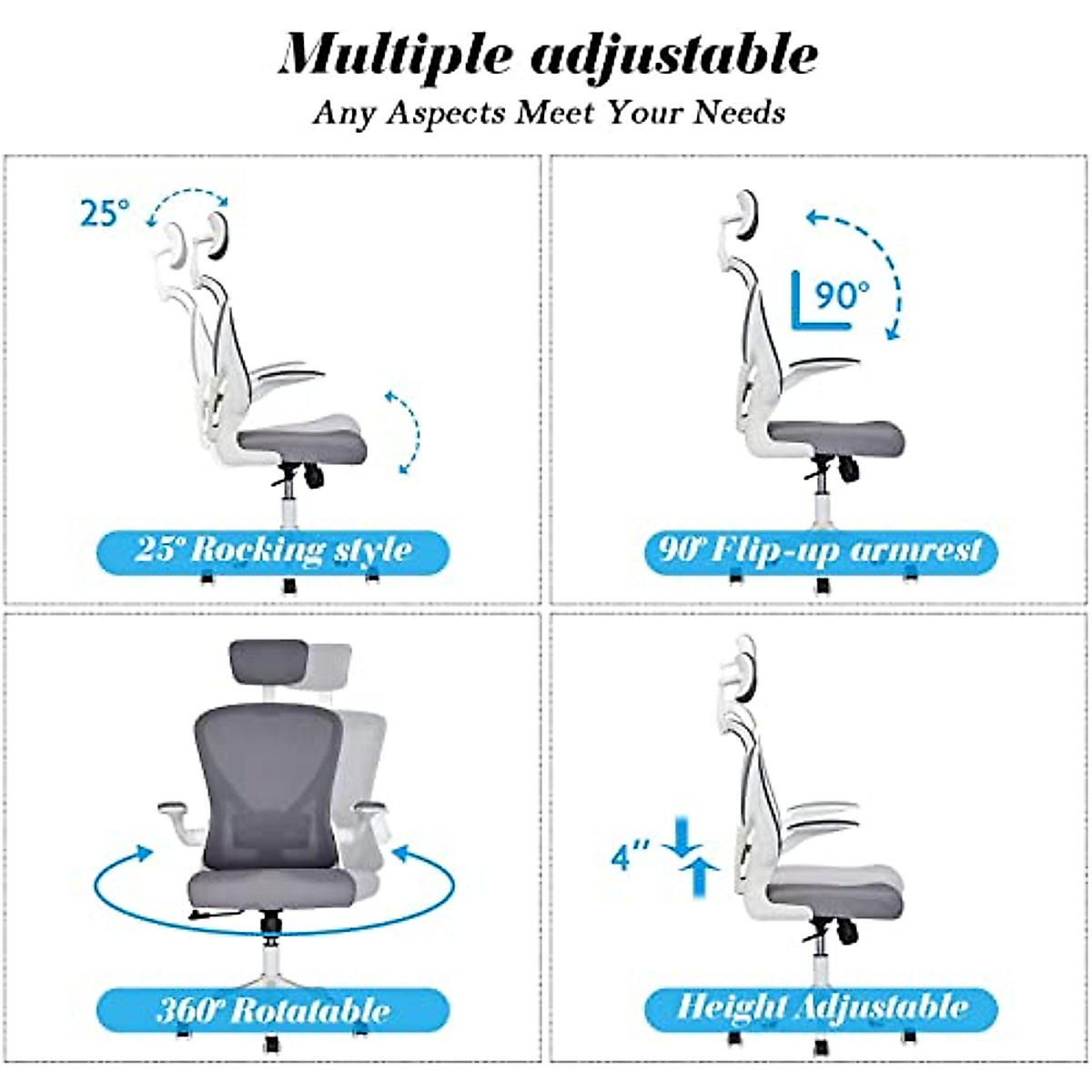 Moppson Ergonomic Office Chair, High Back Desk Chair,360-Degree Swivel,Adjustable Height with Flip-Up Arms,Tilt Function,Cushion for Lumbar Support Office Chair (White)