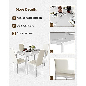 Recaceik Furniture 5 Piece Faux Dining Set, Modern Kitchen Table Marble Top and High Chairs for Breakfast Nook Small Spaces Beige