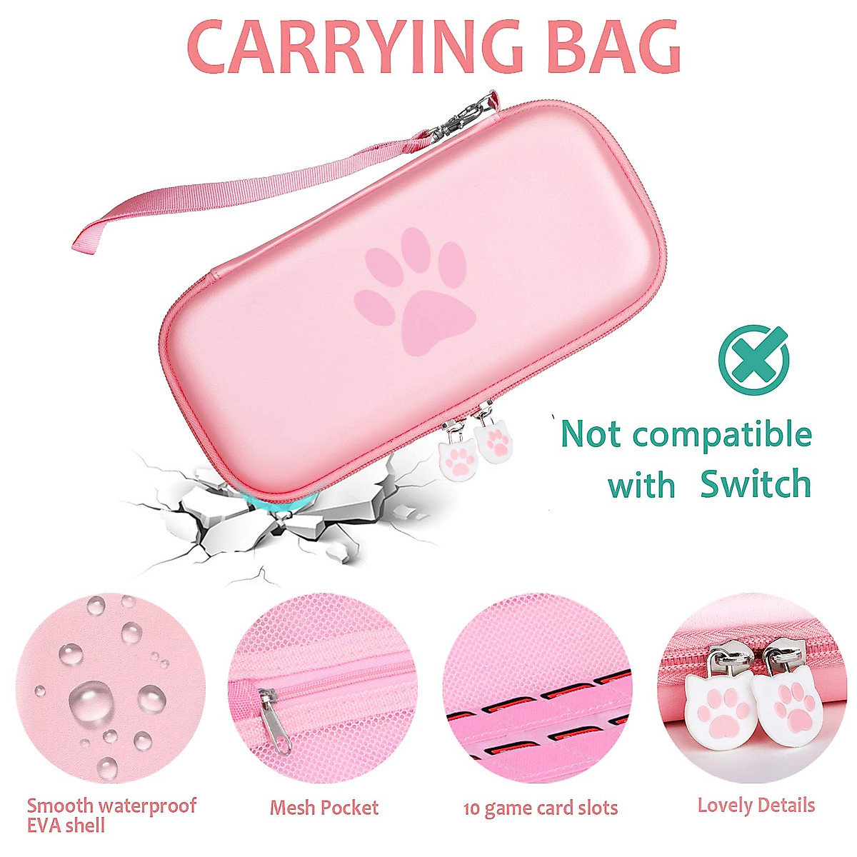 GeeRic 8PCS Case Compatible with Switch Lite, (Not Compatible With Switch) Carrying Case Accessories Kit, 1 Soft Silicon Case + 2 Screen Protector + 4 Thumb Caps + 1 Storage Carrying Bag Pink