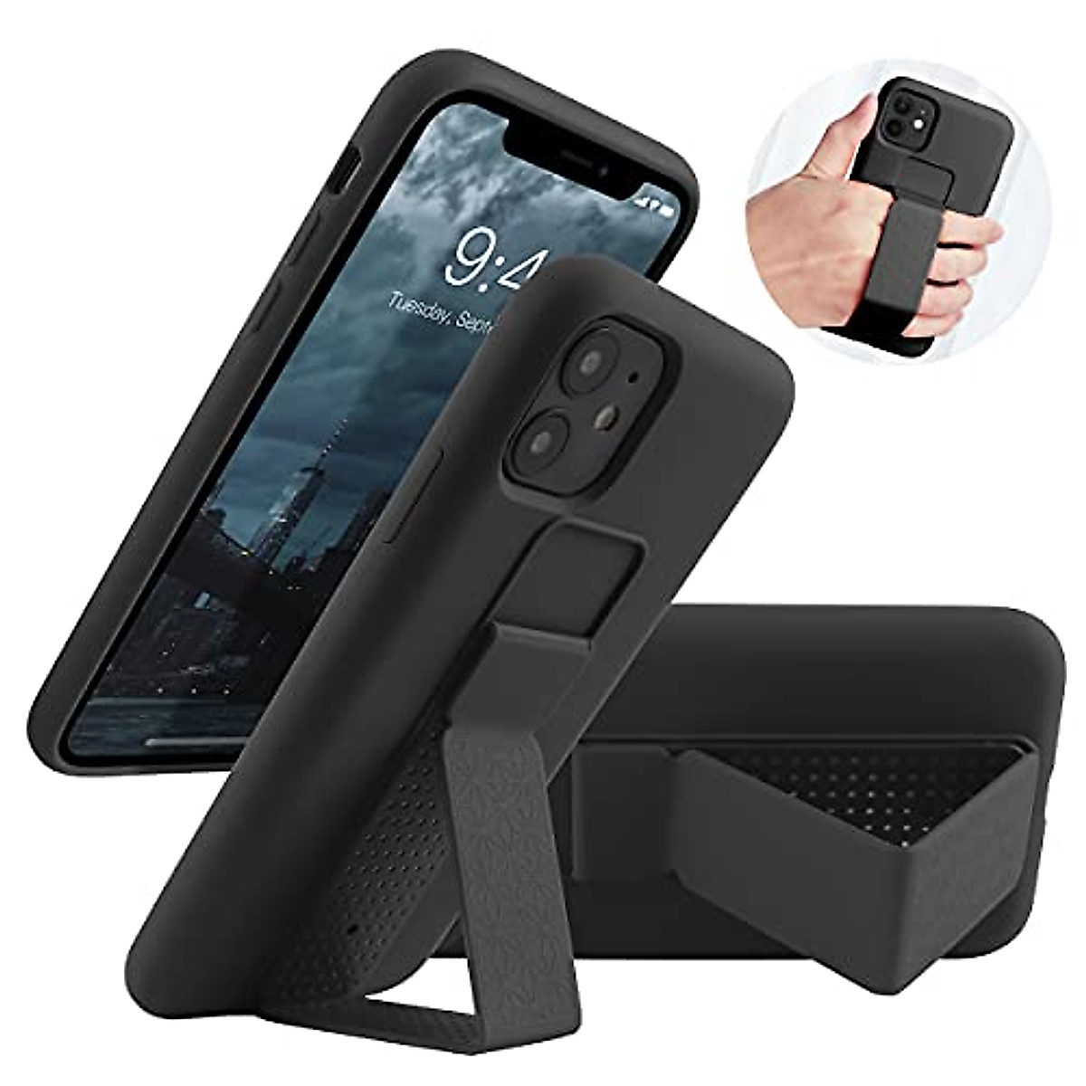 LAUDTEC Silicone Kickstand Case Compatible with iPhone 11 case Vertical and Horizontal Stand Hand Strap Metal Kickstand, Flexible Soft Liquid Silicone Stand Case for iPhone 11(Black)