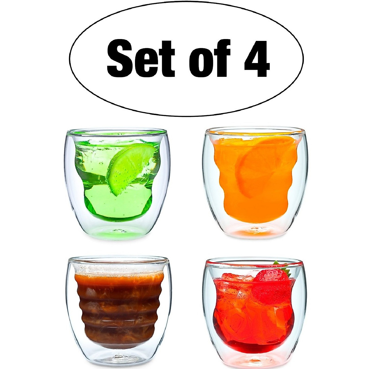 Curva Artisan Series Double Wall Beverage Glasses and Tumblers – Set of 4 Unique 8 oz Thermo Insulated Drinking Glasses
