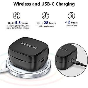 BRIBEJAT B02 Pro Wireless Earbuds with Active Noise Cancellation Touch Control, Wireless Charging Case, Bluetooth 5.2 in-Ear Headset Built-in Mic with Stereo Premium Deep Bass Immersive Sound, Black