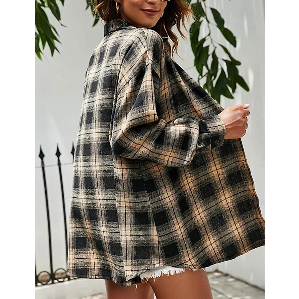 Zontroldy Womens Flannel Plaid Shirt Oversized Fashion Button Down Shirts Blouse Shirts Tops(0355-Khaki-L)