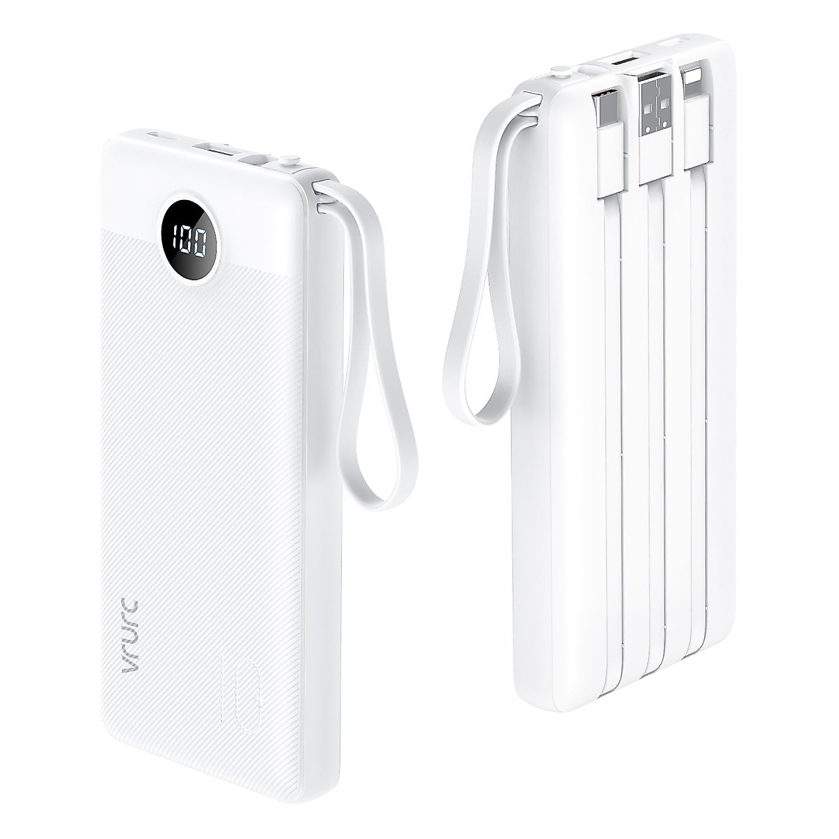 VRURC Portable Charger 10000mAh, Slim LED Display Power Bank, 5 Output 2 Input Cell Phone Battery Pack, Built-in Micro & USB C Cables Phone Charger Compatible with iPhone,Samsung,Android-White(1 Pack)