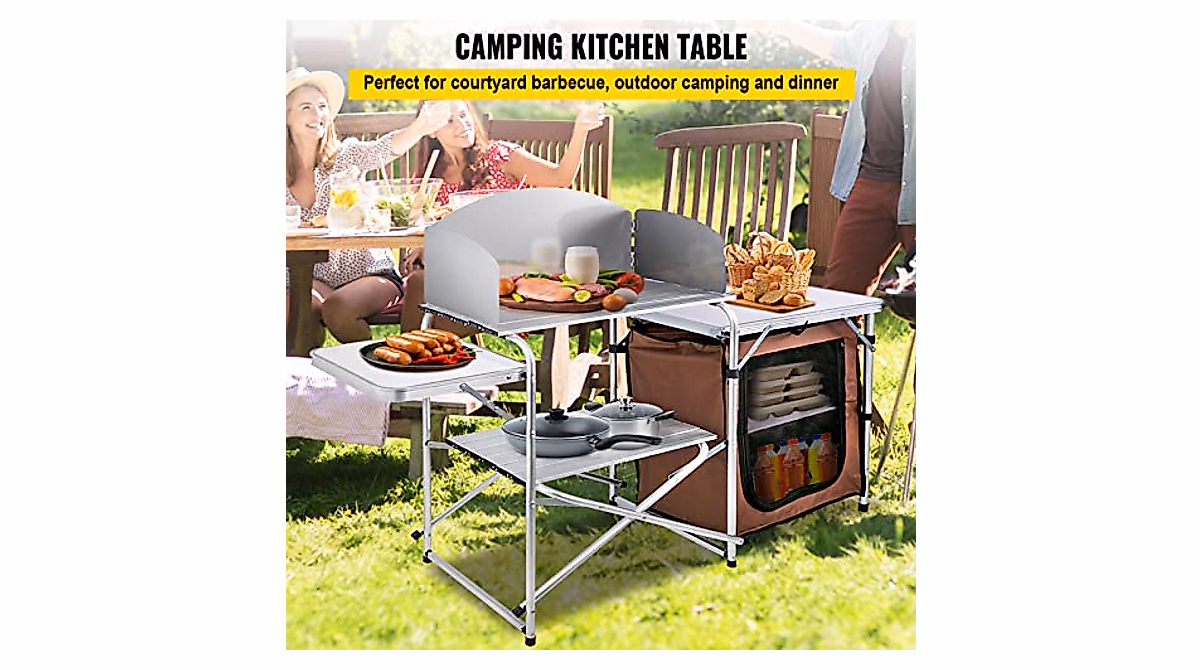 Portable Camping Kitchen Table with Storage and Windshield