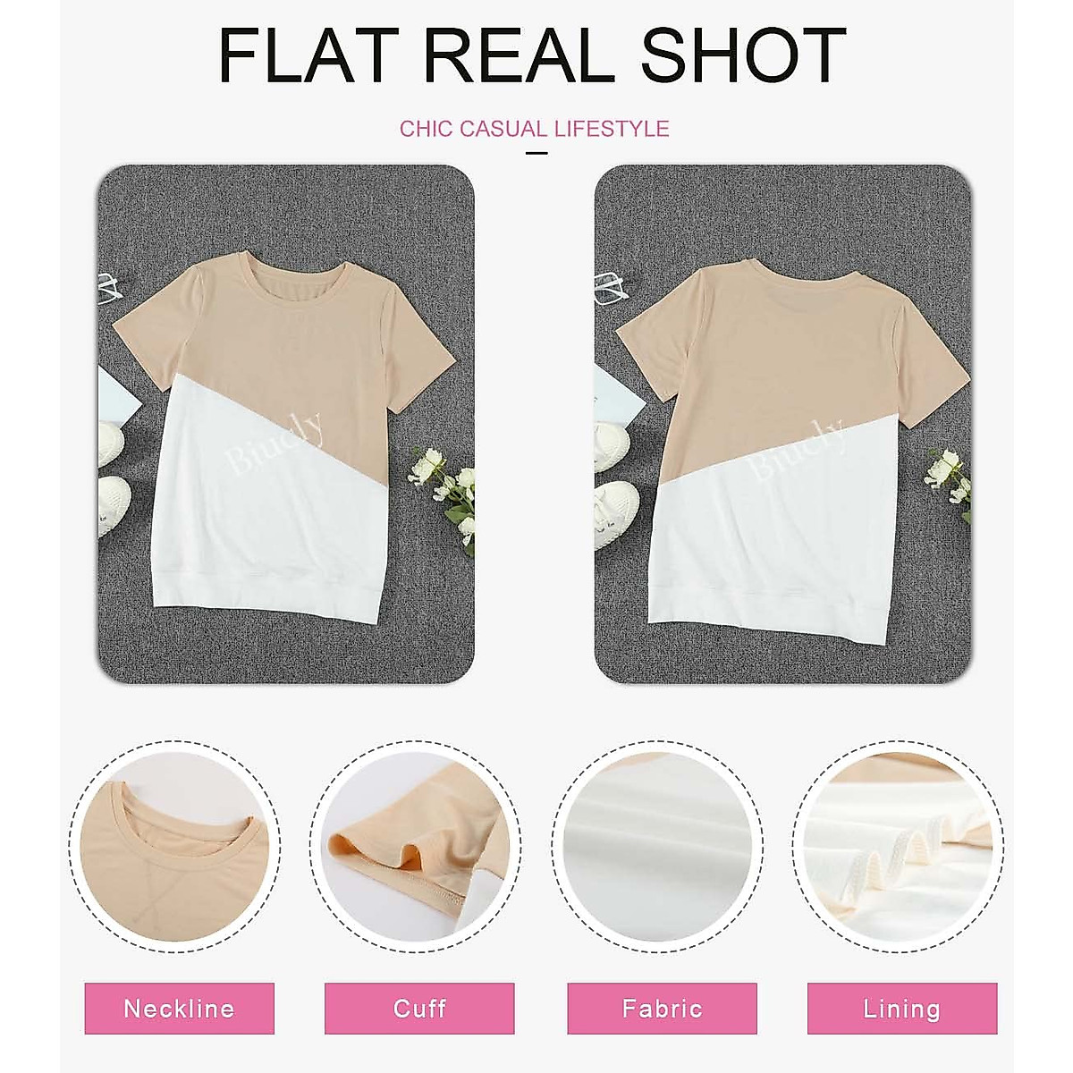 Biucly Women's Summer Casual Sexy Short Sleeve Crewneck Color Block Tee Loose Tops Tshirts for Womens 2025,US 12-14(L),Apricot,White