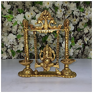 AtoZ India Cart Ganesha Statue on Swing with Diya Brass Ganesha Idol on Jhula Handmade Jhoola Ganesh Murti Showpiece Home Gold 8.75 x 8 x 2.5 inch