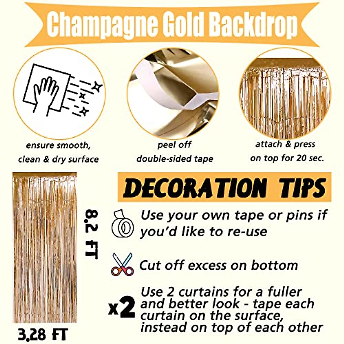 4 Pack Champagne Gold Fringe Curtain Backdrop, 3.2Ft x 8.2Ft Metallic Tinsel Foil Fringe Streamers Curtains Background for Photo Booth Birthday Baby Shower Party Thanksgiving Christmas Decorations
