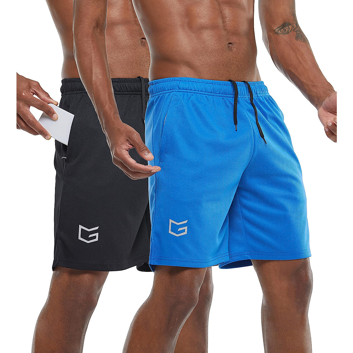 G Gradual Men's 7" Workout Running Shorts Quick Dry Lightweight Gym Shorts with Zip Pockets (2 Pack: Black/Blue Large)