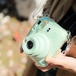 Rieibi Clear Case Compatible with Fuji Instax Mini 12, Polaroid Hard Carrying Case Bag for Fujifilm Instax Mini 12 Instant Camera, PC Cover with Photo Storage Pocket & Shoulder Strap