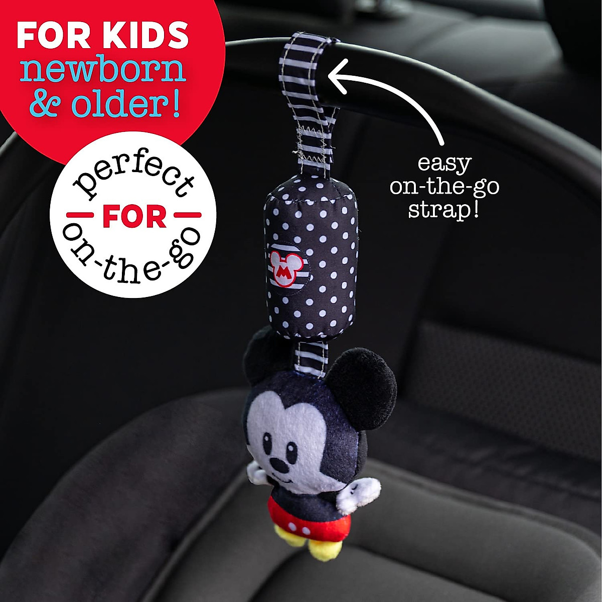 KIDS PREFERRED Disney Baby Mickey Mouse Chime Toy, High Contrast Crinkle Plush, Boys and Girls Ages 0+, Stroller On The Go Activity Toy (81248),9 inches