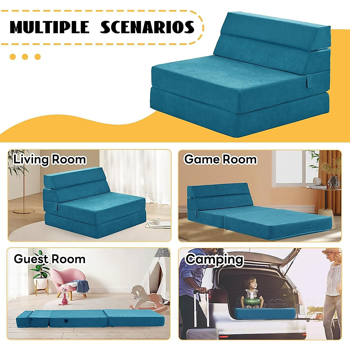 jela Sofa Bed Foldable Mattress Luxury Miss Fabric, Folding Sleeper Sofa Chair Bed Floor Mattress Floor Couch, Fold Out Couch Futon Mattress for Guest Room, Living Room (83"x33",Lightblue)