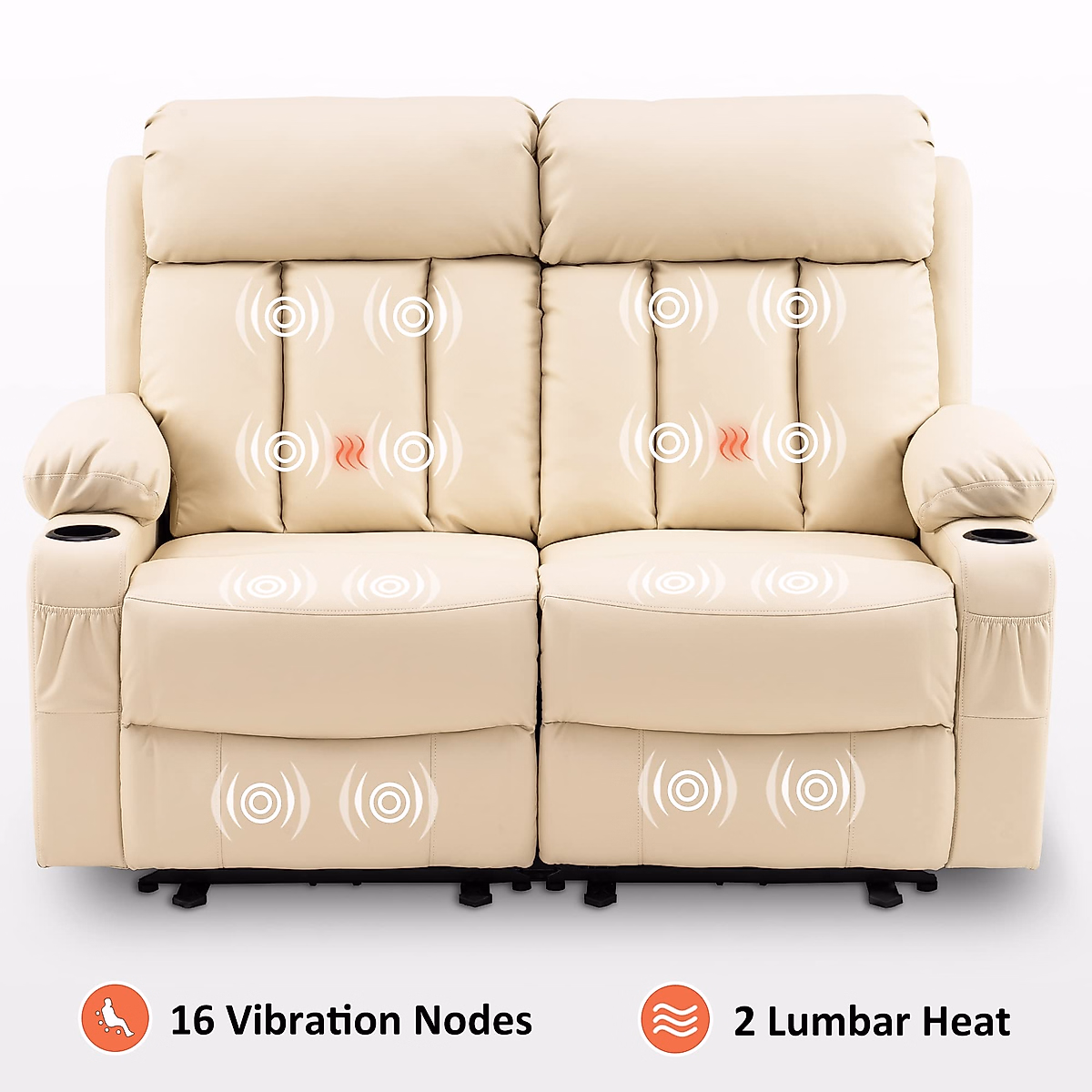 MCombo 61" Power Loveseat Recliner, Electric Reclining Loveseat Sofa with Heat and Vibration, Cup Holders, USB Charge Port for Living Room Faux Leather 6075 (Cream White, Loveseat Recliner)