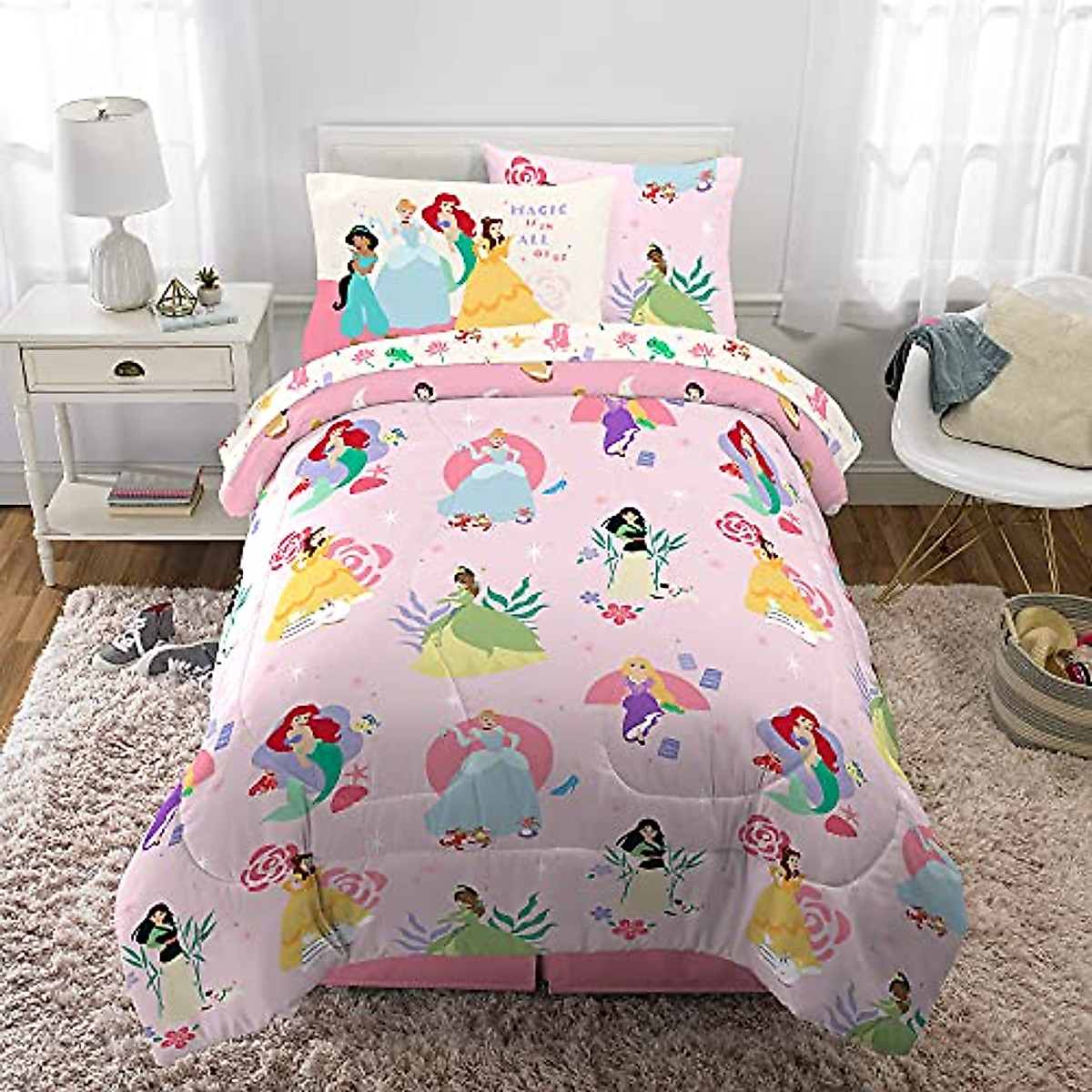 Franco Kids Bedding Super Soft Comforter and Sheet Set with Sham, 5 Piece Twin Size, Disney Princess