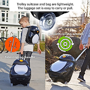 KIDDIETOTES Kids Carry-on Upright Luggage Suitcase and Backpack Set - Smooth Rolling Wheels - Penguin