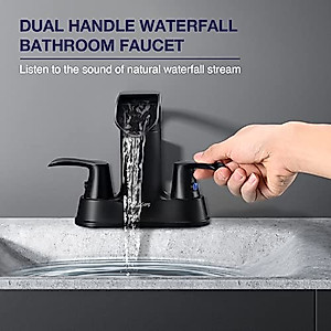 Black Bathroom Faucet 4 Inch 2 Handle - WaterSong Waterfall Bathroom Sink Faucet with Pop-up Drain & cUPC Lead-Free Water Supply Hose, Centerset 360° Swivel Spout Bathroom Faucet, RV Farmhouse Modern