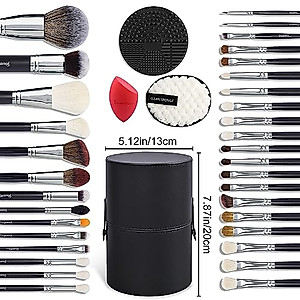 Bueart Design Pro makeup Artist Brushes Set 34Pcs Deluxe Real Goat Hair Horse hair Makeup Brush Set with extra Large Holder Professional labeled makeup brush set with natural Pony Hair