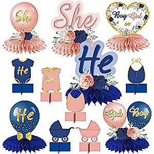 12 Pieces Gender Reveal Decorations Honeycomb Centerpieces Boy or Girl Table Toppers, He or She Gender Reveal Theme Honeycomb Party Supplies, Navy Blush Pregnancy Announcement Baby Shower Party Décor