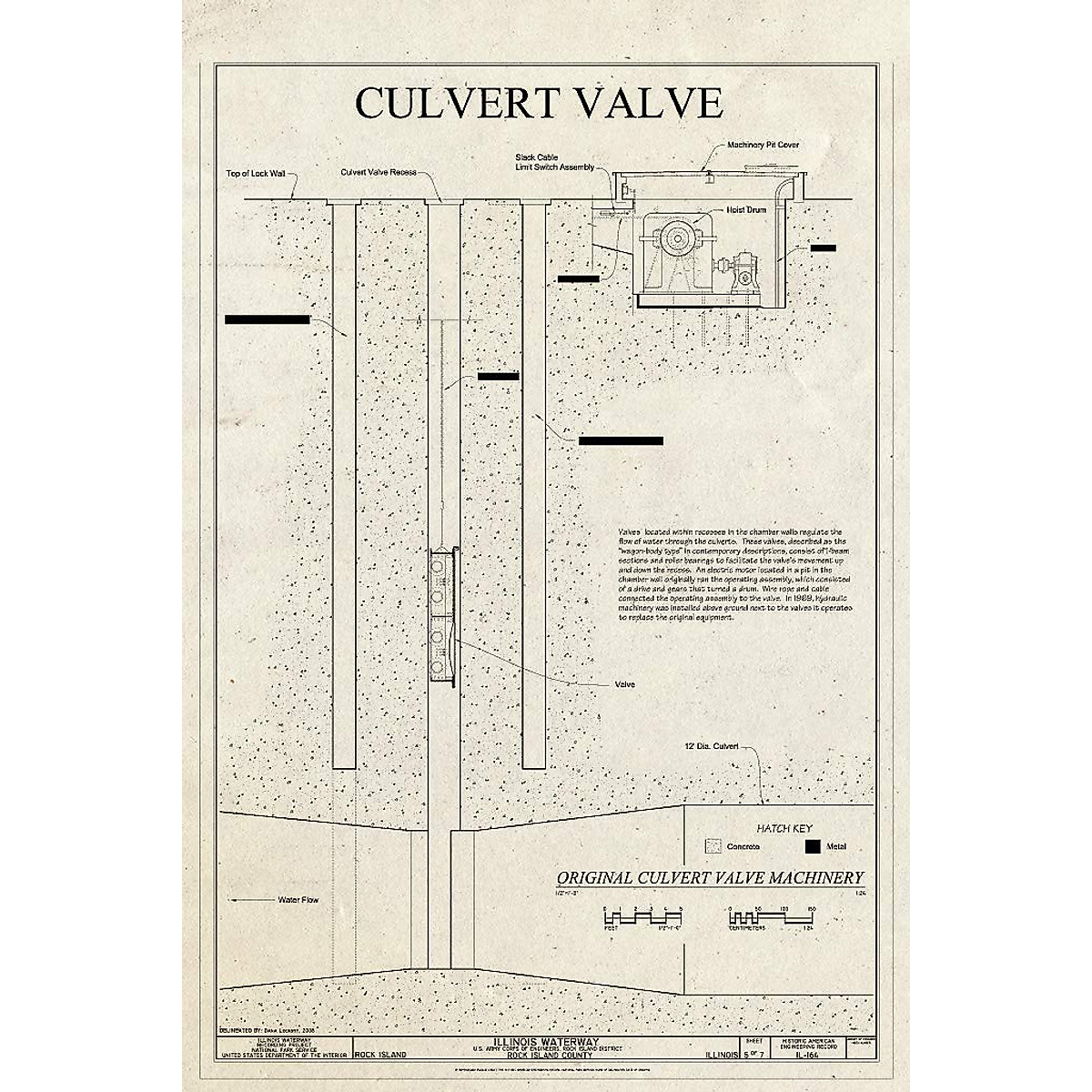 Historic Pictoric : Blueprint Culvert Valve - Illinois Waterway, U.S. Army Corps of Engineers, Rock Island District, Rock Island, Rock Island County, IL 16in x 24in