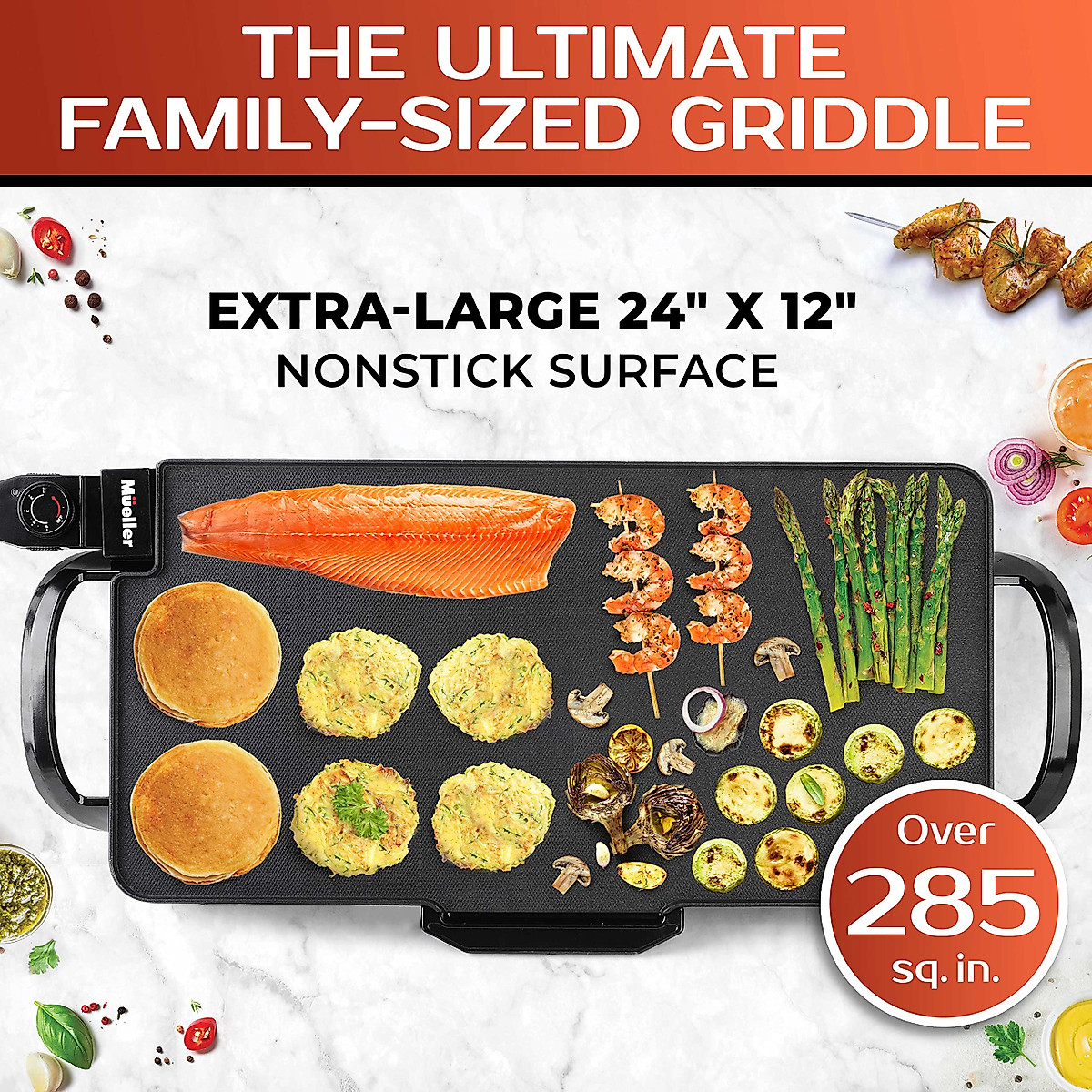 Mueller XL 24-Inch Pancake Griddle, Non-Stick Coated Electric Griddle with Removable Plate, Cool-Touch Removable Handles and Slide-Out Drip Tray 1800W, for Breakfast Pancakes, Burgers, Eggs, Black