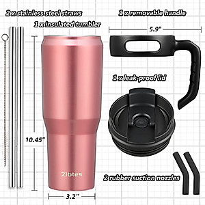 Zibtes 40oz Insulated Tumbler with handle and Lid Straws, Stainless Steel Travel Coffee Cup Holder Friendly, Metal Water Bottle Keeps Drinks Cold up to 34 Hours(Rose gold 1 pack)