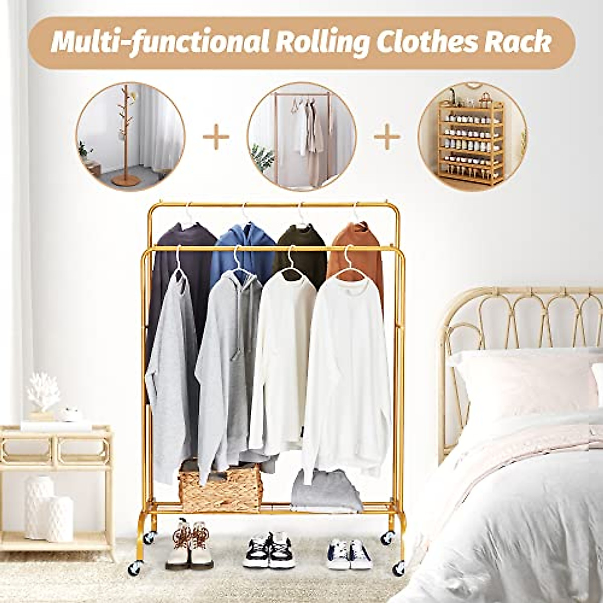 Sapodilla Double Rod Garment Rack with Shelf,Heavy Duty Hanging Clothes Rack with Wheels,Rolling Clothing Rack for Hanging Clothes,Clothes Hanger Rack,Metal Frame,Gold