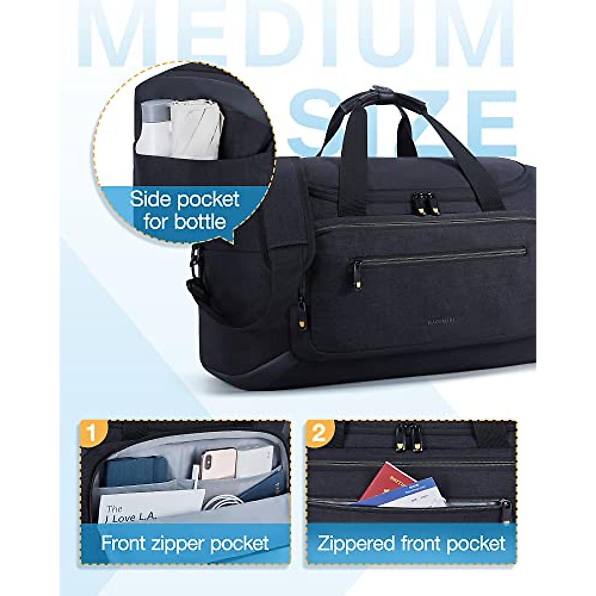 Travel Duffle Bag, BAGSMART 40L Gym Bag for Men with Shoe Bag, Carry On Weekender Overnight Bag with Multiple Pockets for Travel Essentials, Sports, Traveling(Black)