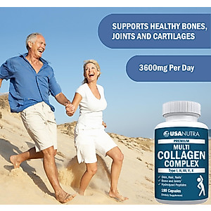 USANUTRA Collagen Peptide Protein Pills for Women and Men Type I, II, III, V, X Multi Collagen 180 Capsules Non-GMO with Bovine and Marine Collagen