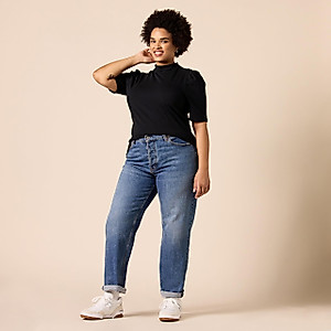 Amazon Essentials Women's Cotton Modal Draped Puff Sleeve Turtleneck, Black, Large