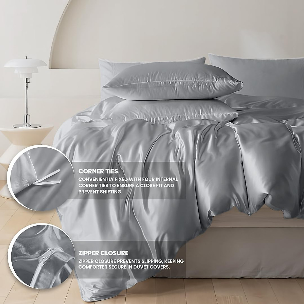 AL AHMEDANI LINEN 6 Piece Satin Sheets Queen and King Size with 4 Pillow Cases, 1 Satin Fitted Sheet, 1 Satin Duvet Cover - Gray
