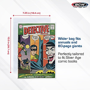 BCW Thick Silver Age Comic Bags - 100 ct | Archival Quality, Acid-Free Protection for Silver Age Comic Books | 7 1/4 x 10 1/2 inches Comic Collection Storage Comic Books Bags