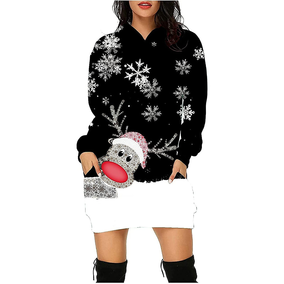 Christmas Dresses for Women, Fashion Casual Dresses Midi Printed Long Sleeve Hooded Pullover Dress Top Ugly Sweater Dress Winter Black Vintage Gloves Dresses Shirts Outfits (3XL, White)