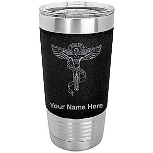 LaserGram 20oz Vacuum Insulated Tumbler Mug, Chiropractic Symbol, Personalized Engraving Included (Faux Leather, Black)