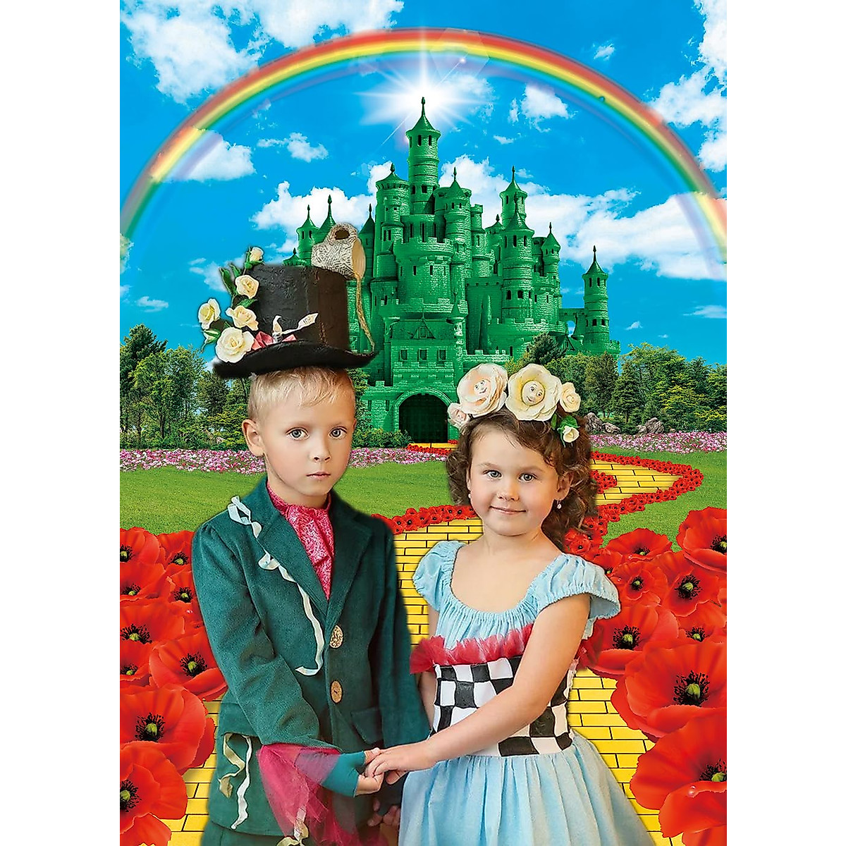 Green Castle Yellow Brick Road Backdrop for Party Decorations 5x7FT Rainbow Floral Castle Gold Brick Road Photography Background Baby Shower Princess Party Decorations Supplies