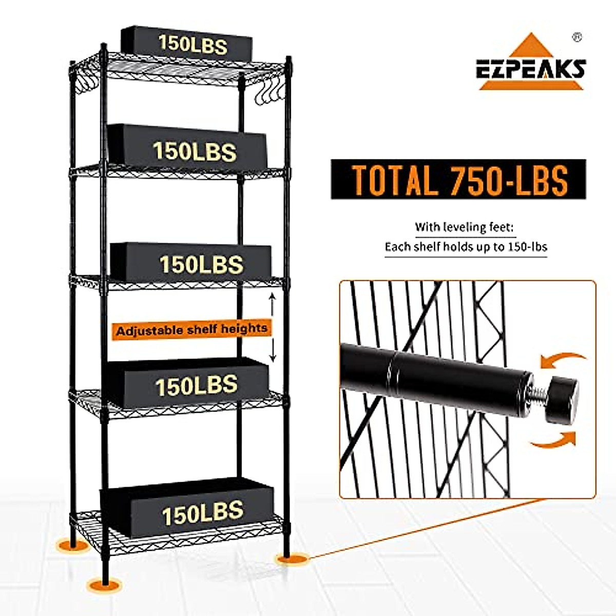 EZPEAKS 5-Shelf Shelving Unit with Shelf Liners Set of 5, NSF Certified, Adjustable, Steel Organizer Wire Rack, 100lbs Loading Capacity Per Shelf, for Kitchen and Garage (23.6W x 14D x 59H) Black
