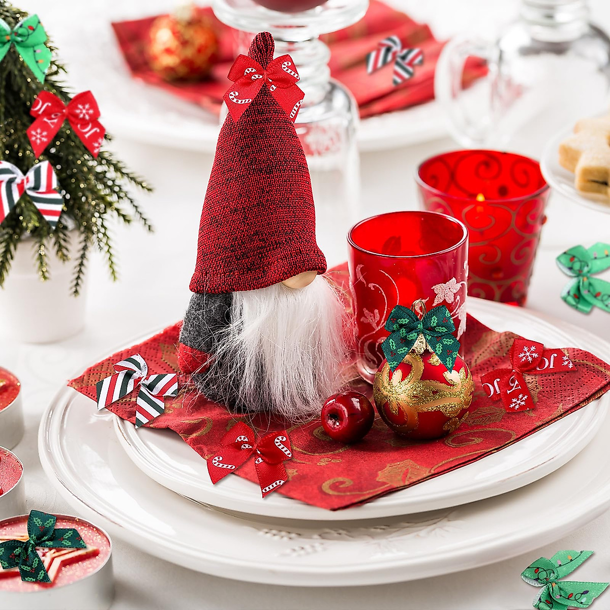 Syhood 150 Pcs Christmas Mini Bow Tiny Twist Tie Bow Handmade Craft Ribbon Bow Hair Small Bow Holiday Bow Craft Supply for DIY Sewing Party Decor (Red and Green,Patterned)