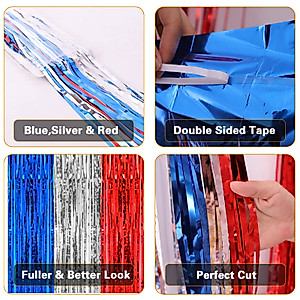 PIGETALE, 2 Pack 3.2 x 8.2 ft Red White and Blue Foil Fringe Backdrop Curtain, Streamer Backdrop Tinsel Curtains Photo Booth Props for Graduation Birthday Memo