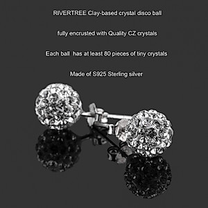 RIVERTREE 925 Sterling Silver 6mm Pave Crystal Disco ball Earrings Stud Silver for Women Shamballa Inspired